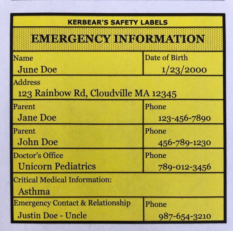 Set of 4 Personalized & Laminated Emergency Identification Sticker - Etsy