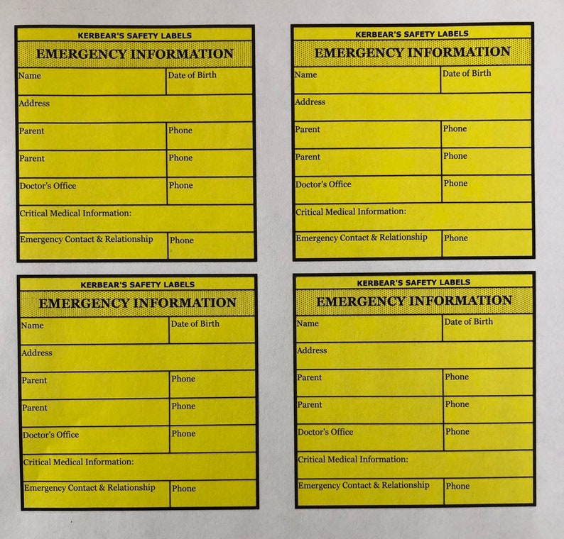 Set of 4 Personalized & Laminated Emergency Identification Sticker - Etsy