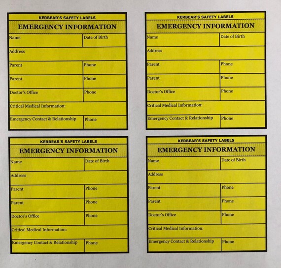 Blank Set of 4 Emergency Car Seat ID Labels - Etsy