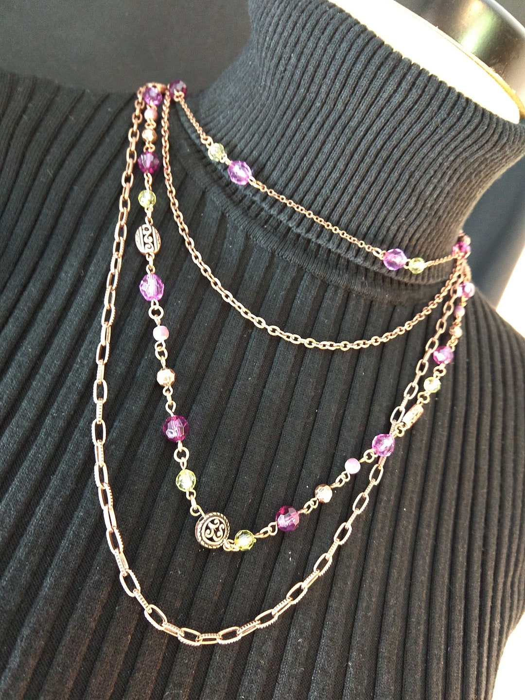 90s Multiple Copper Colored Chain With Purple, Green and Metal Beads ...