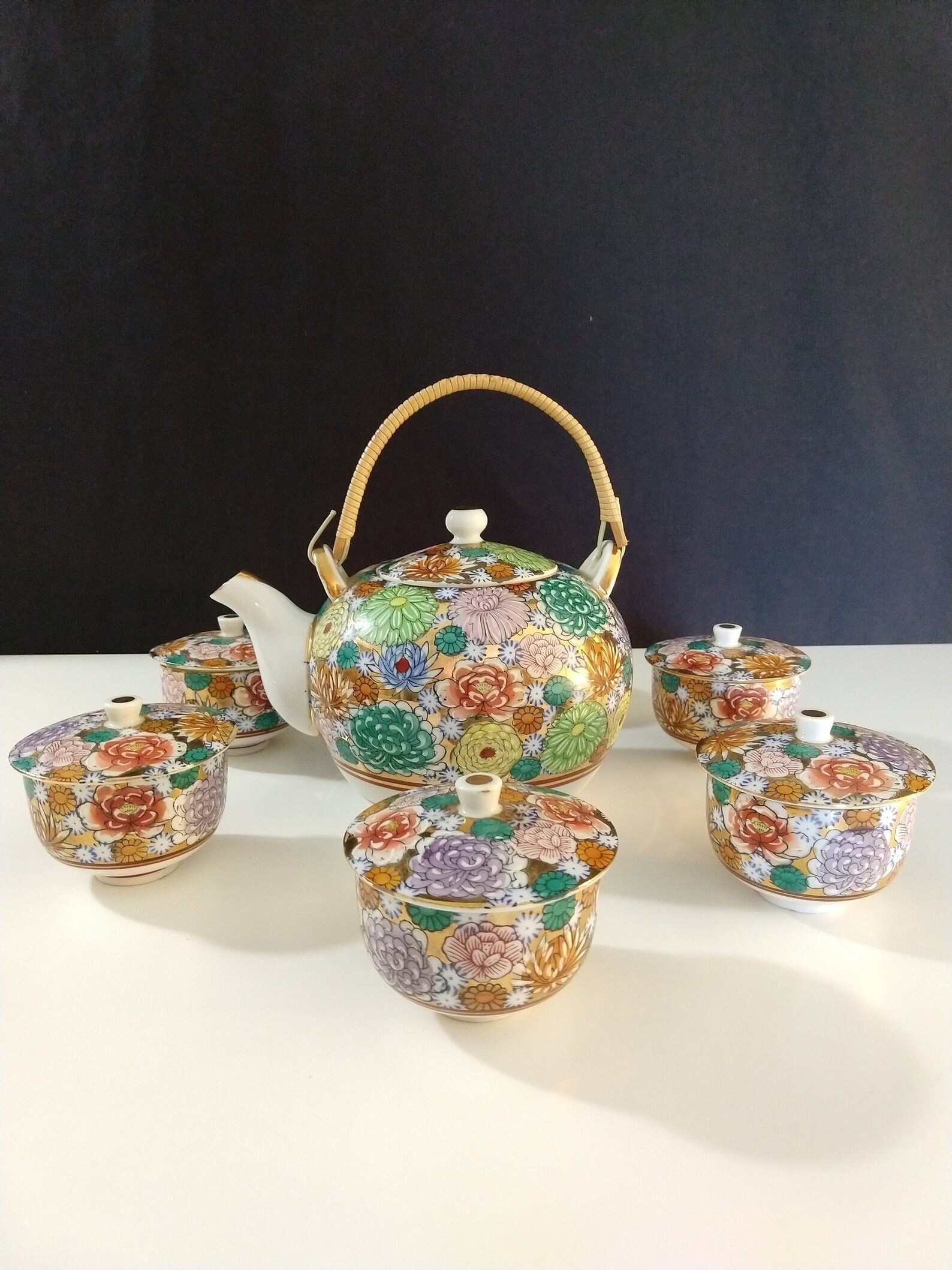 Vintage Antique Japanese Tea Set Tea Pot Six Cups With Lids - Etsy