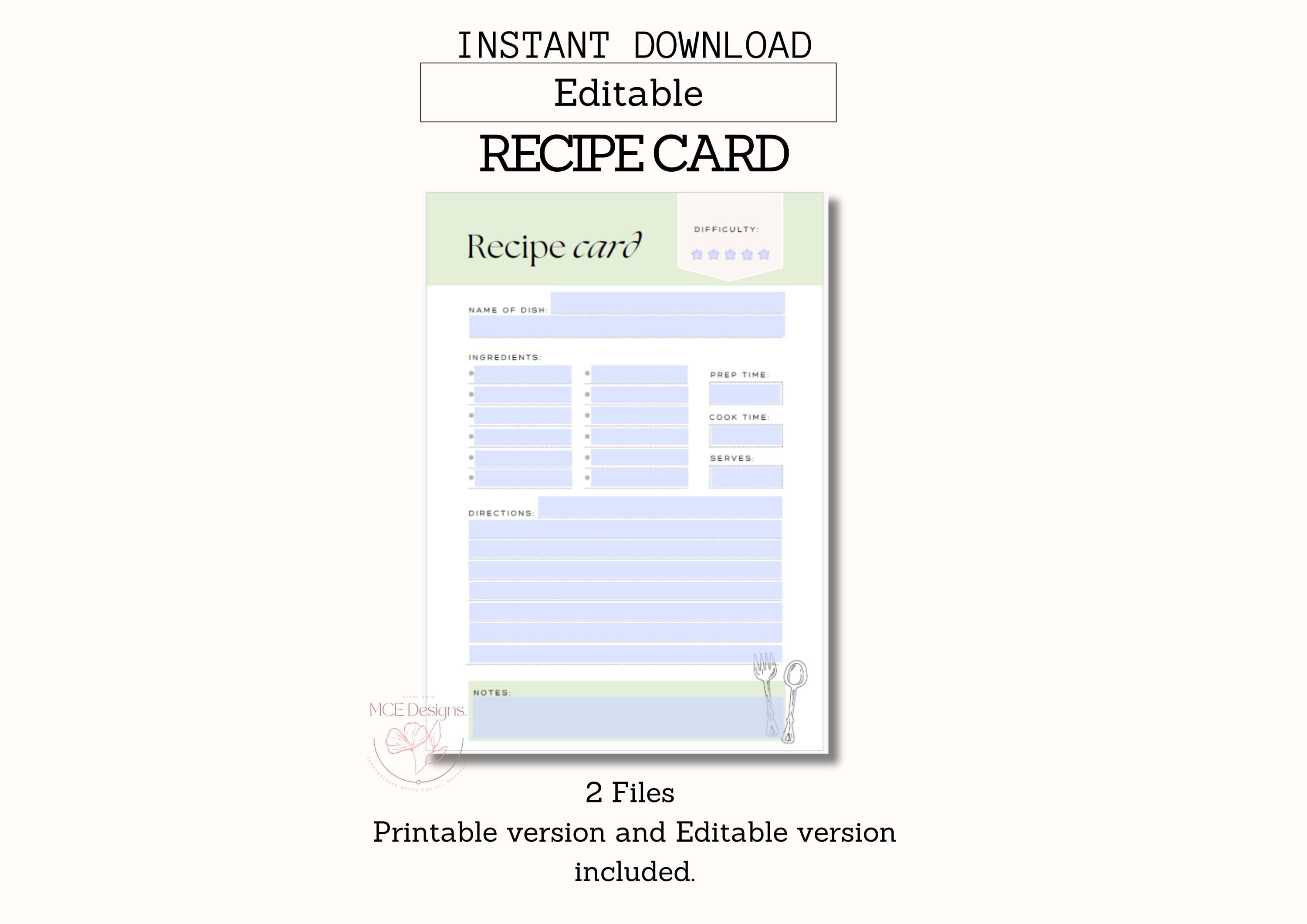 Editable Recipe Card Book Printable Template, Blank Recipe Page ...
