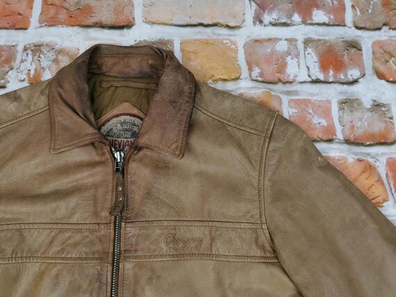Chevignon Vintage Leather Jacket Cursive Script Beige… - Gem
