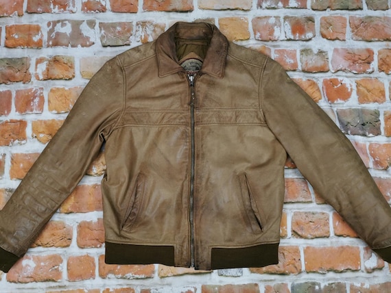 Chevignon Vintage Leather Jacket Cursive Script Beige… - Gem