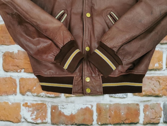 Chevignon Vintage Leather Jacket Flyers Brown Varsity… - Gem