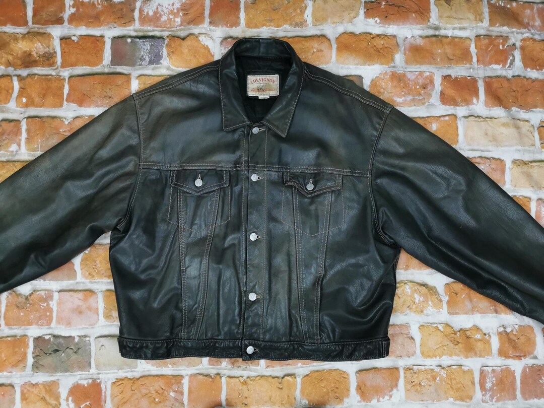 Chevignon Vintage Leather Jacket Brown VERITABLE CUIR SURTEINT Denim ...