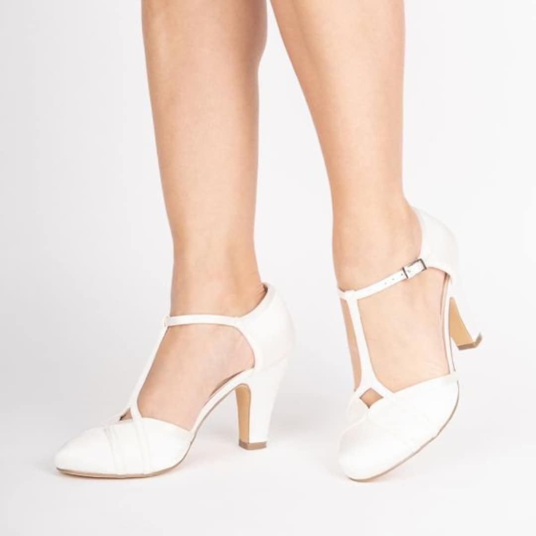 Ivory Satin High Heel Round Toe T-bar Court Wedding/bridal Shoes in ...