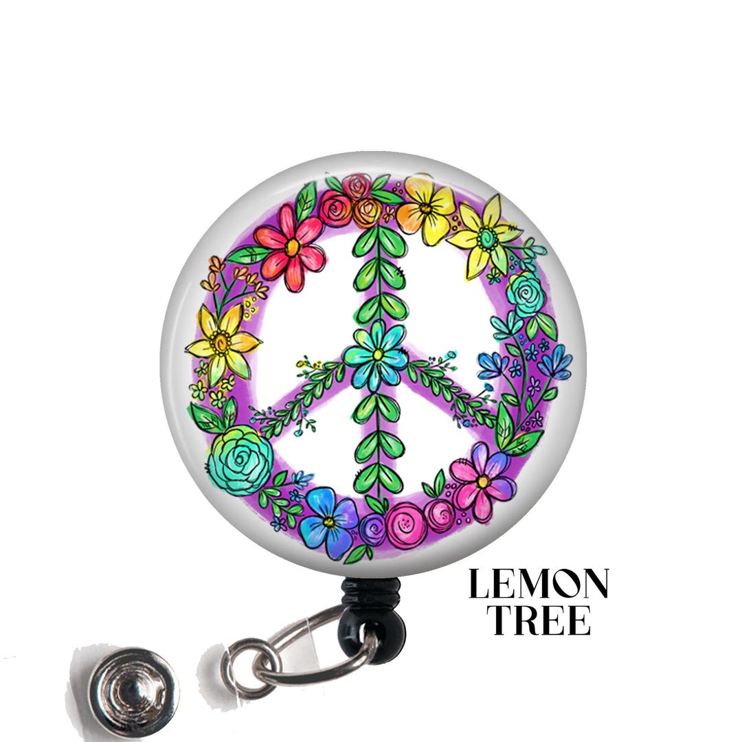 Floral Peace Sign Badge Reel - Retractable Badge Holder - Lanyard ...