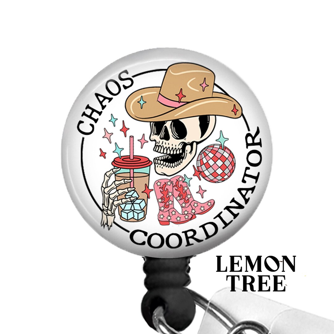 Funny Chaos Coordinator Badge Reel: Skeleton Cowboy Retractable ID ...
