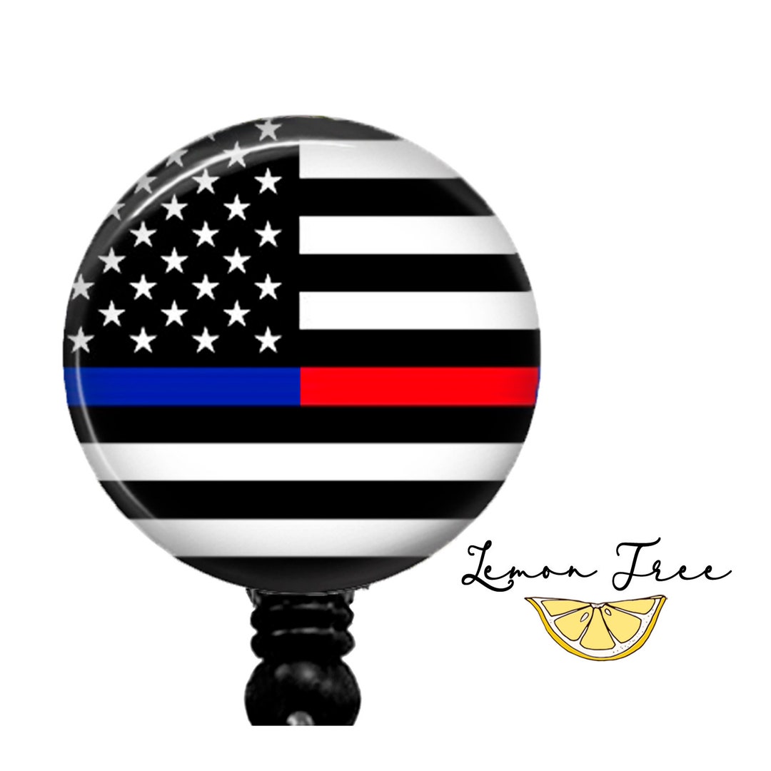 Thin Blue Red Line Badge Reel: Police Firefighter Retractable ID Holder ...