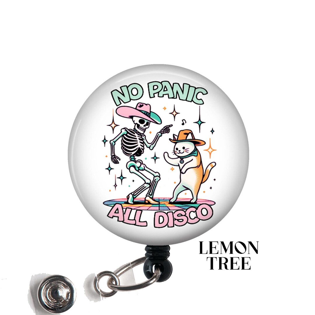 Funny No Panic All Disco Badge Reel: Dancing Skellie and Cat - Etsy