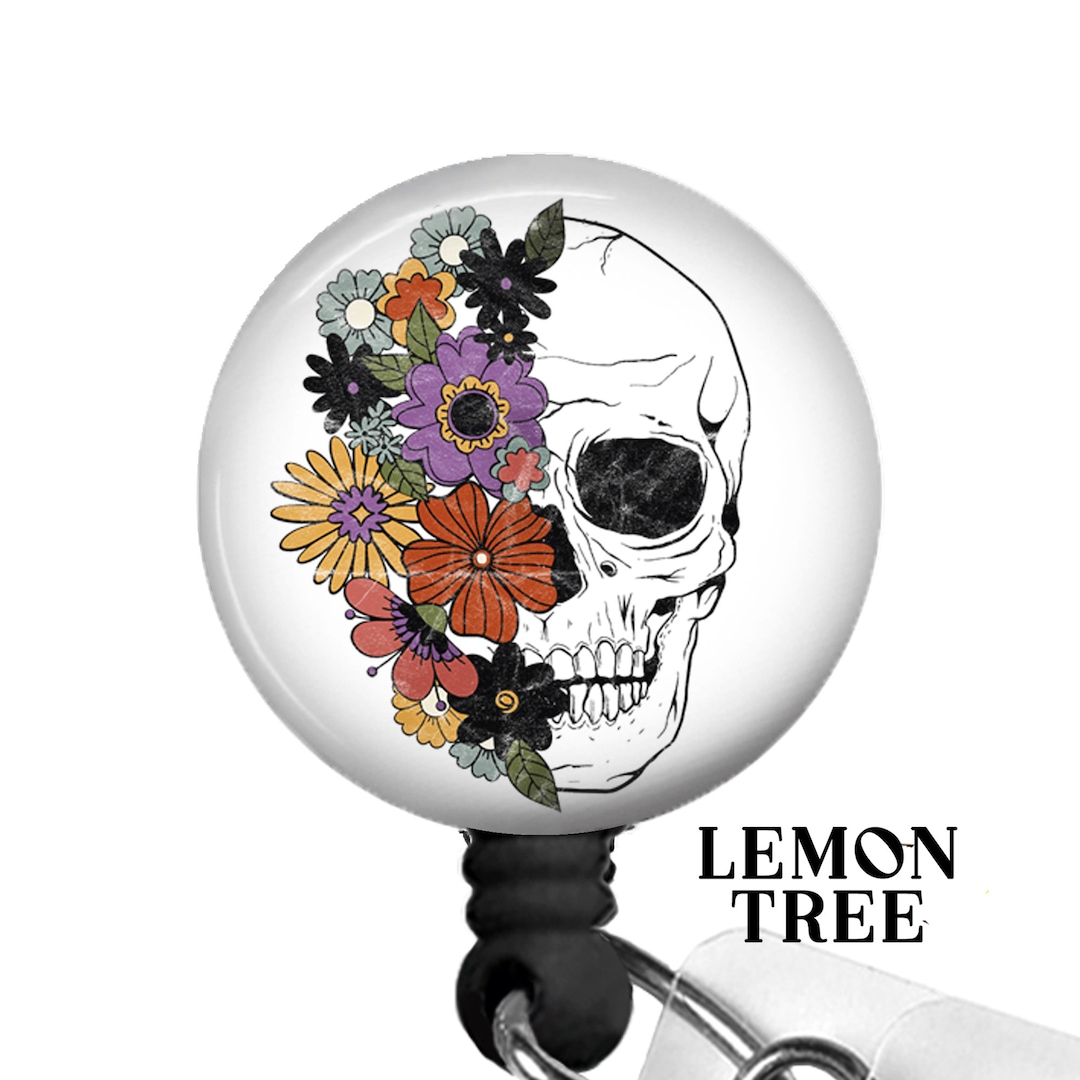 Fall Floral Skull Badge Reel Available in Alligator Belt - Etsy