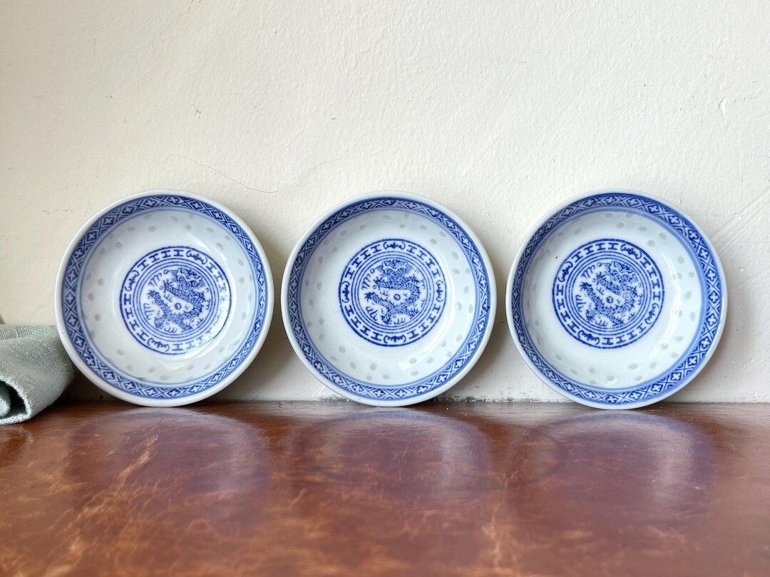 Vintage Chinese Rice Grain Pattern Porcelain Sauce Dishes Set of 3 Blue ...