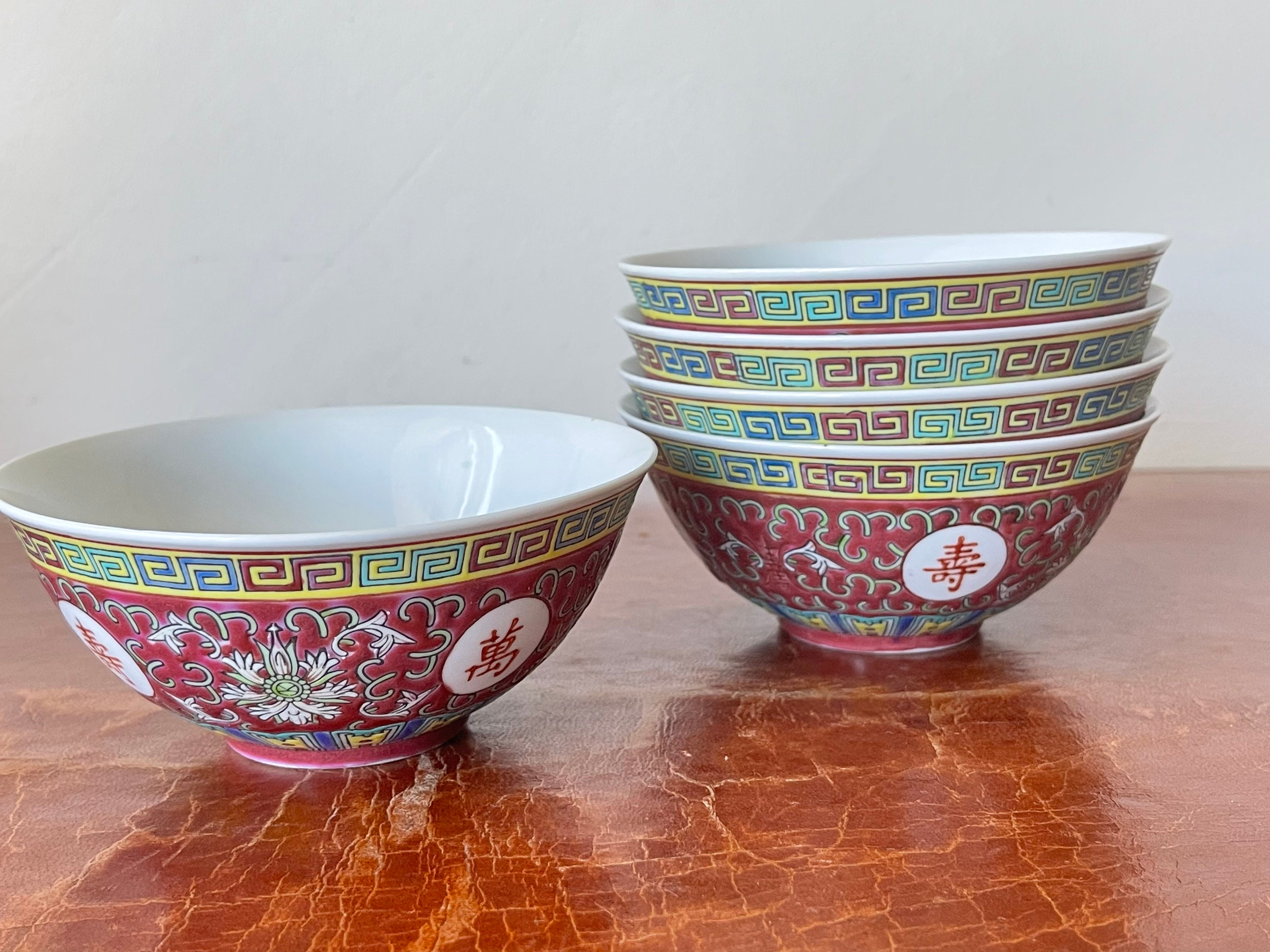 Chinese Mun Shou Porcelain Rice Bowls Set of 5 Hand Painted - Etsy