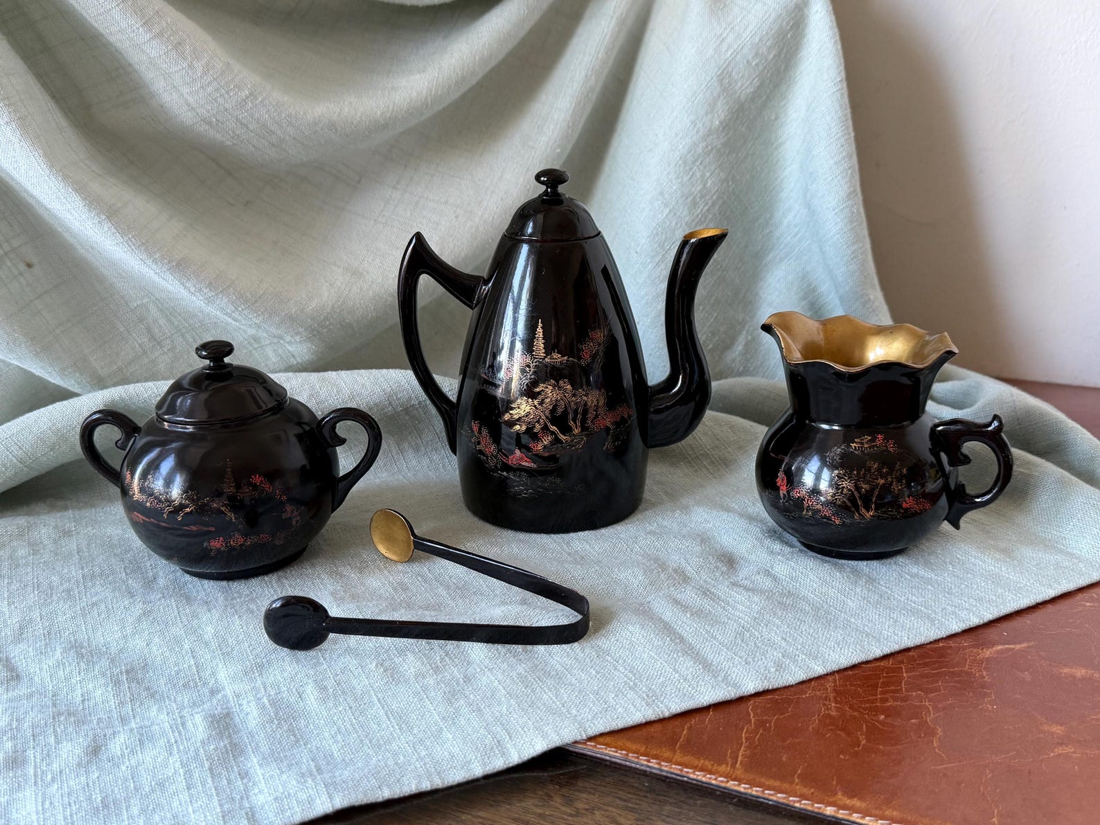 Antique Chinese Foochow Fuzhou Gold Fish Lacquer Tea Set 18 Piece Hand ...