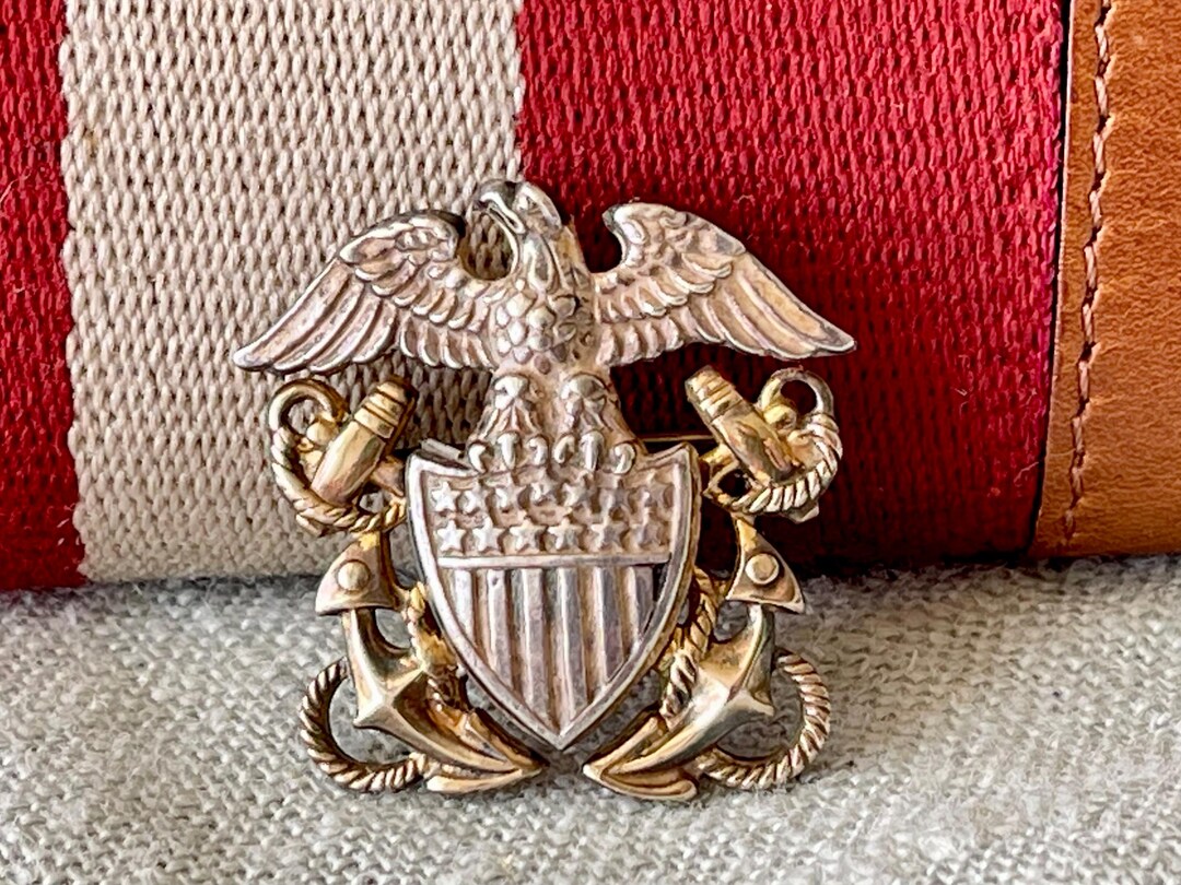 Vintage USN Officer Cap Badge Lapel Pin Sterling Silver Gold Filled ...