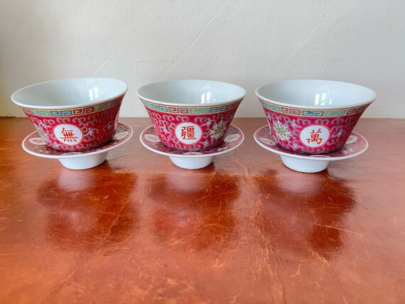 Chinese Mun Shou Tea Cups Set of 3 Jingdezhen Wan Shou Wu - Etsy
