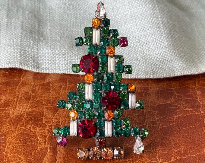Weiss Christmas Tree Brooch Pin 6 Candle Multi Color Rhinestone Holiday ...