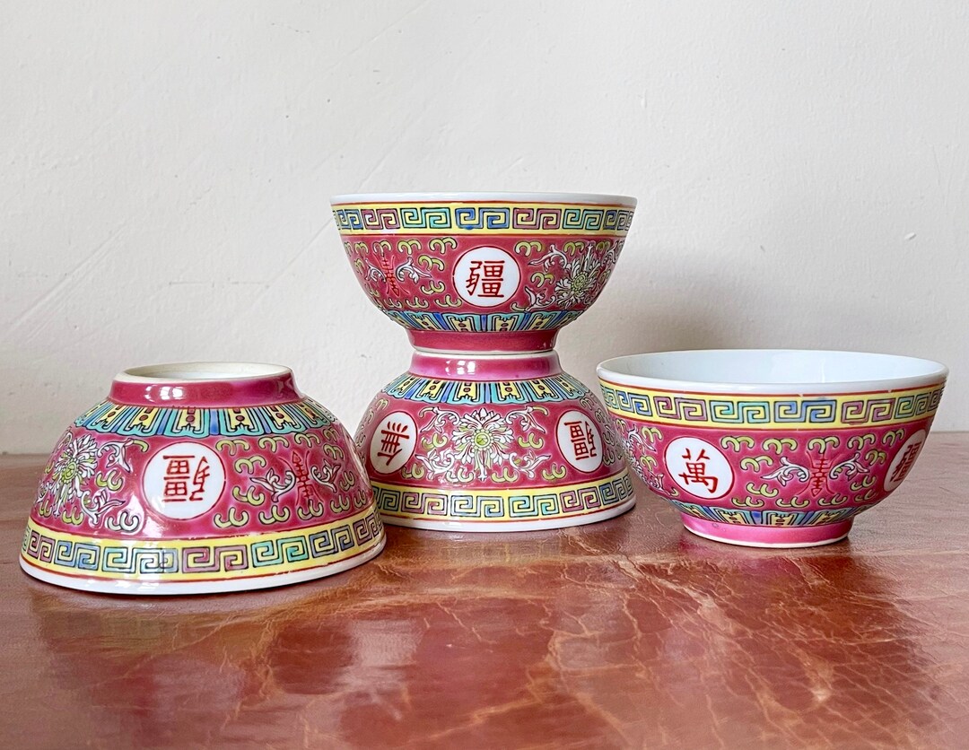 Chinese Porcelain Mun Shou Rice Bowls Set of 4 Wan Shou Wu Jiang ...