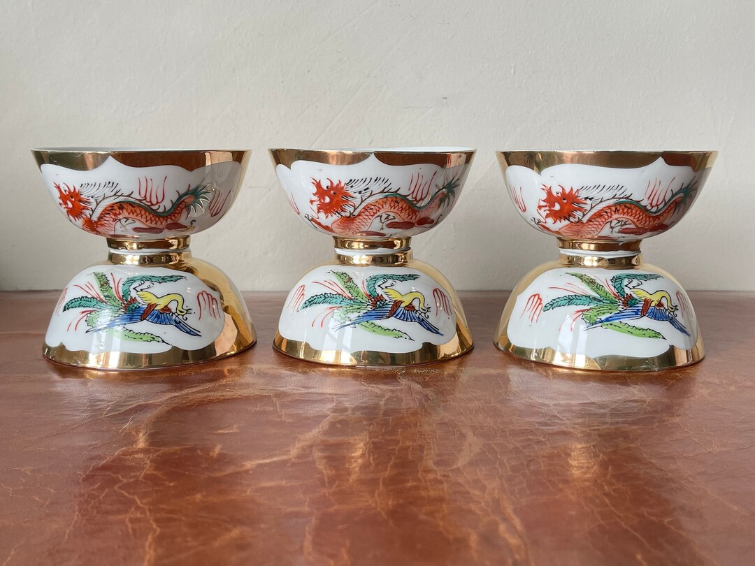 Vintage Chinese Dragon and Phoenix Rice Bowls Set of 6 Gilded - Etsy