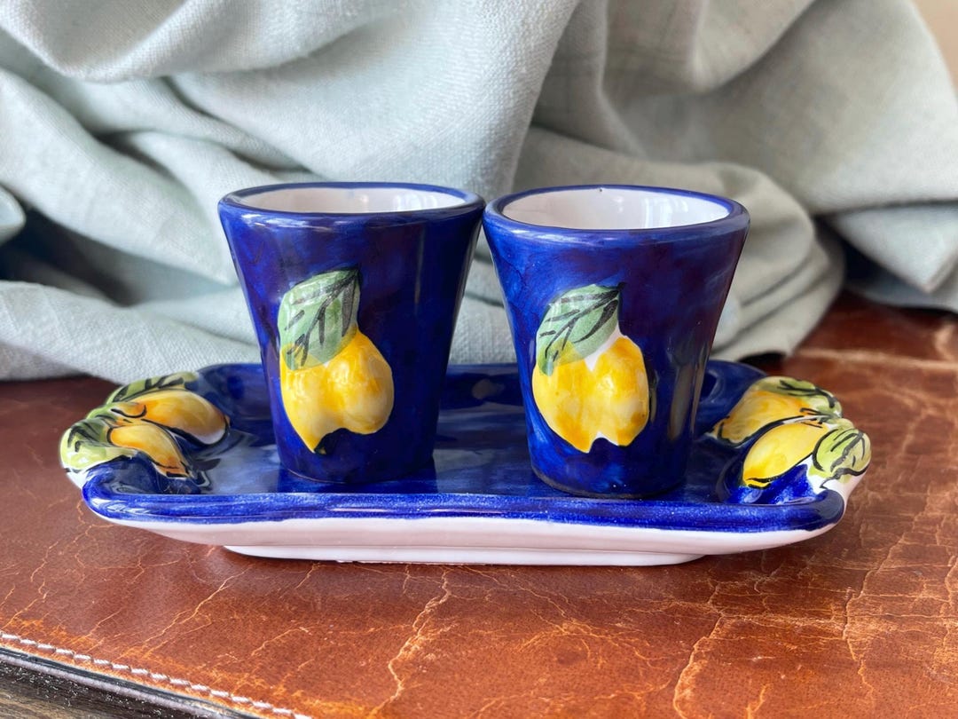 Italian Pottery Limoncello Set Praiano Italy Amalfi Coast Hand Painted Lemon Ceramic Shot ...