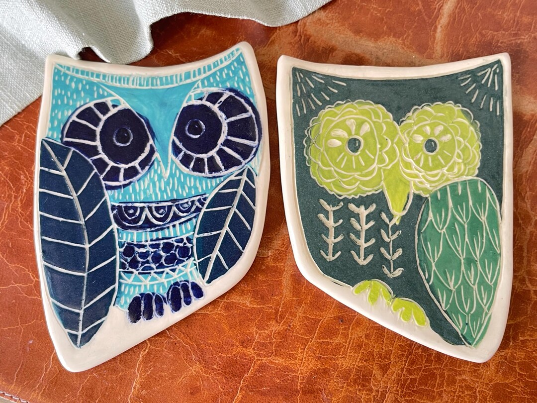 Artist Signed Ceramic Owl Wall Art Set of 2 Hand Made Art Pottery Owl ...