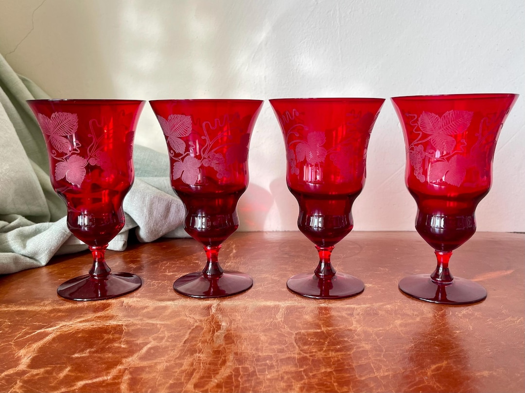 Vintage Cranberry Glass Goblets Set of 4 Mouth Blown Etched Bohemia ...