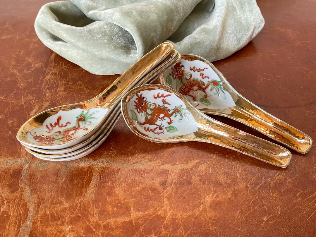 Vintage Chinese Dragon Spoons Set of 6 Hand Painted Porcelain Dragon ...
