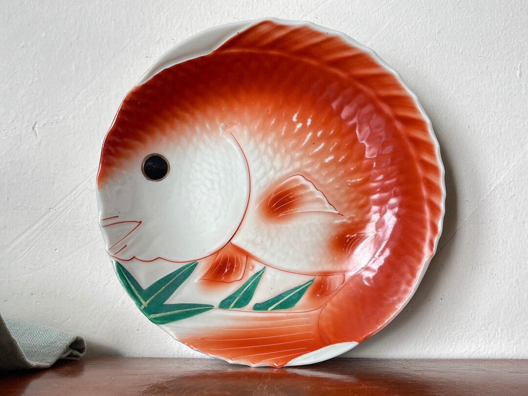 Japanese Koi Fish Design Porcelain Serving Platter Hand Painted Red ...