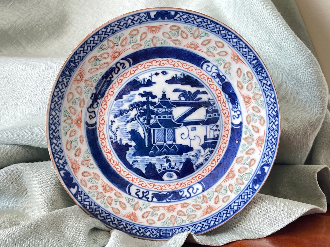 Antique Chinese Blue Canton Rice Grain Pattern Plate Qing Period Blue ...