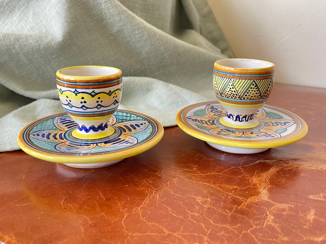 DERUTA Italy Pottery Egg Cups and Saucers Set of 2 Hand Painted Franco ...