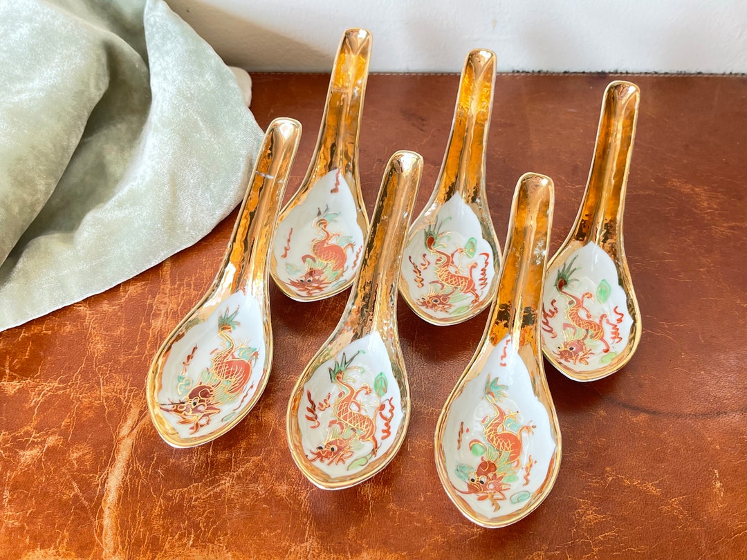 Vintage Chinese Red Dragon Spoons Set of 6 Hand Painted Porcelain ...