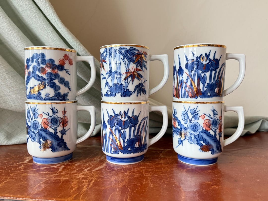 Vintage Japanese Blue and White Porcelain Mugs Set of 6 Pine Bamboo ...