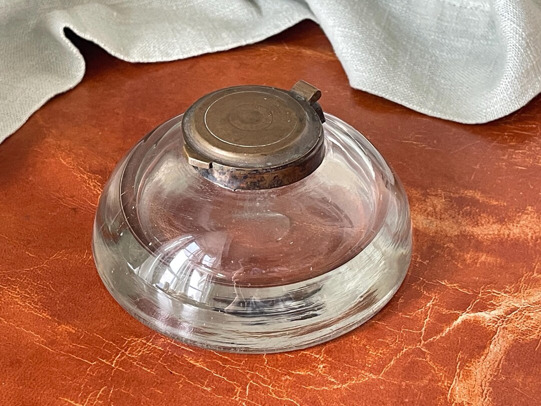 Antique Marine Glass Inkwell Paperweight pancake Ships Inkwell Brass ...