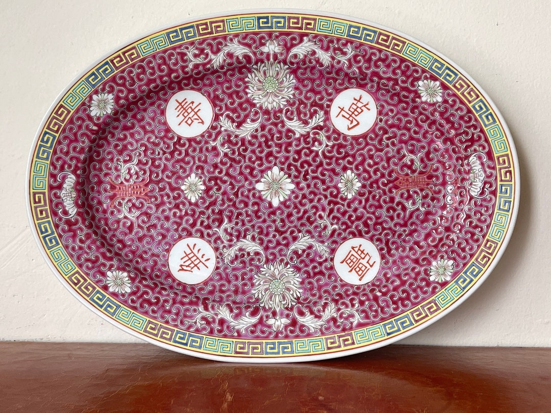 Chinese Mun Shou Porcelain Oval Platter Wanshou Wujiang Longevity ...
