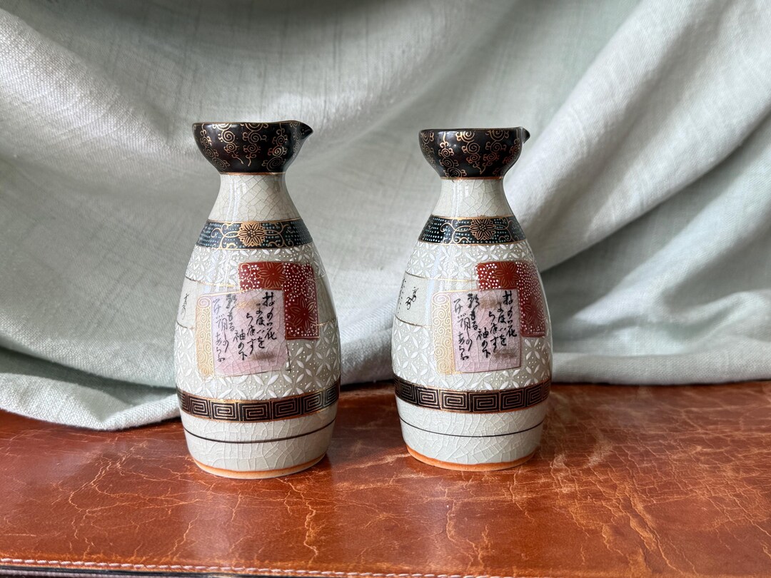 Japanese Kutani Sake Bottles Set of 2 Hand Painted Enameled Stoneware ...