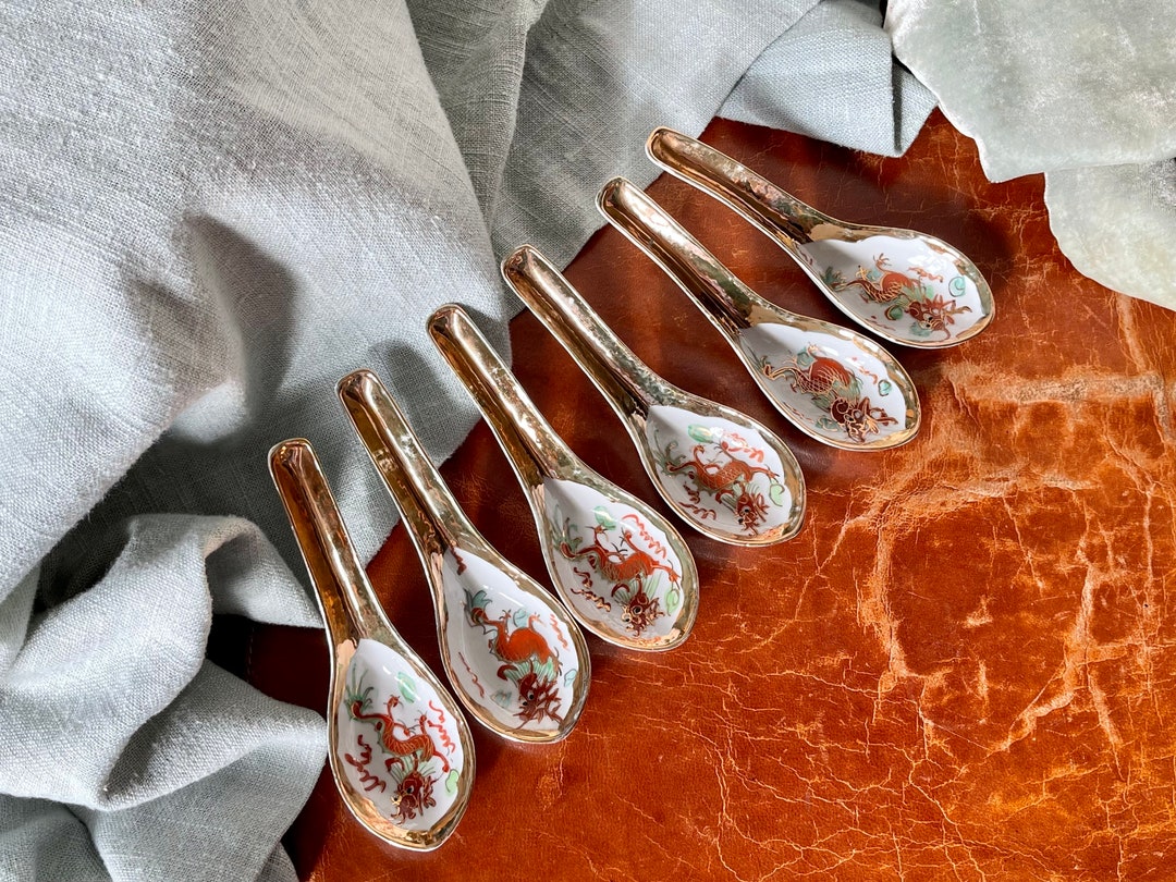 Chinese Porcelain Dragon and Flaming Pearl Spoons Set of 6 Hand Painted ...