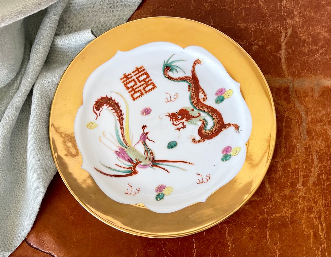 Vintage Chinese Dragon and Phoenix Plate Gilded Hand Painted Porcelain ...