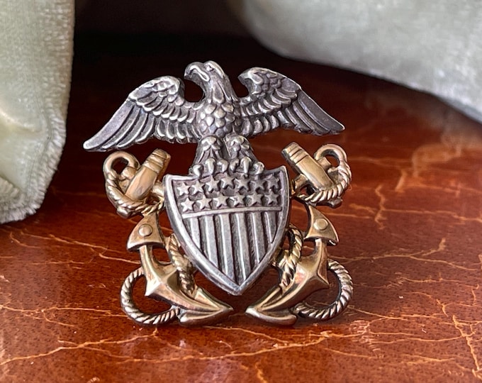 Vintage USN Officer Cap Badge Lapel Pin Sterling Silver Gold Filled ...