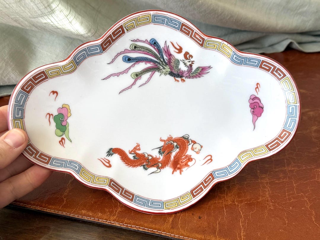 Vintage Chinese Dragon and Phoenix Flaming Pearl Serving Dish Porcelain ...