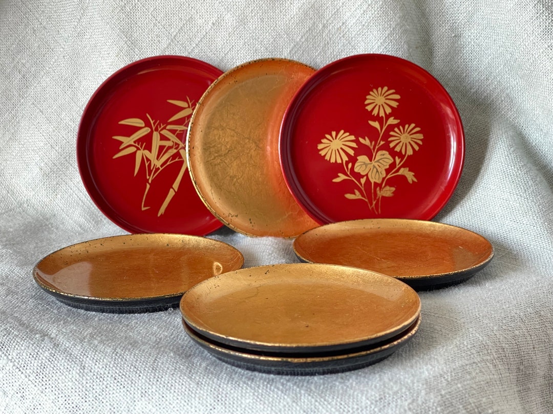 Vintage Gold Lacquerware Coaster Set of 6 Otagiri Japanese Gold Leaf ...