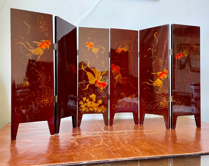Vintage Chinese Lacquer Mother of Pearl Folding Screen Hand Painted 6 ...
