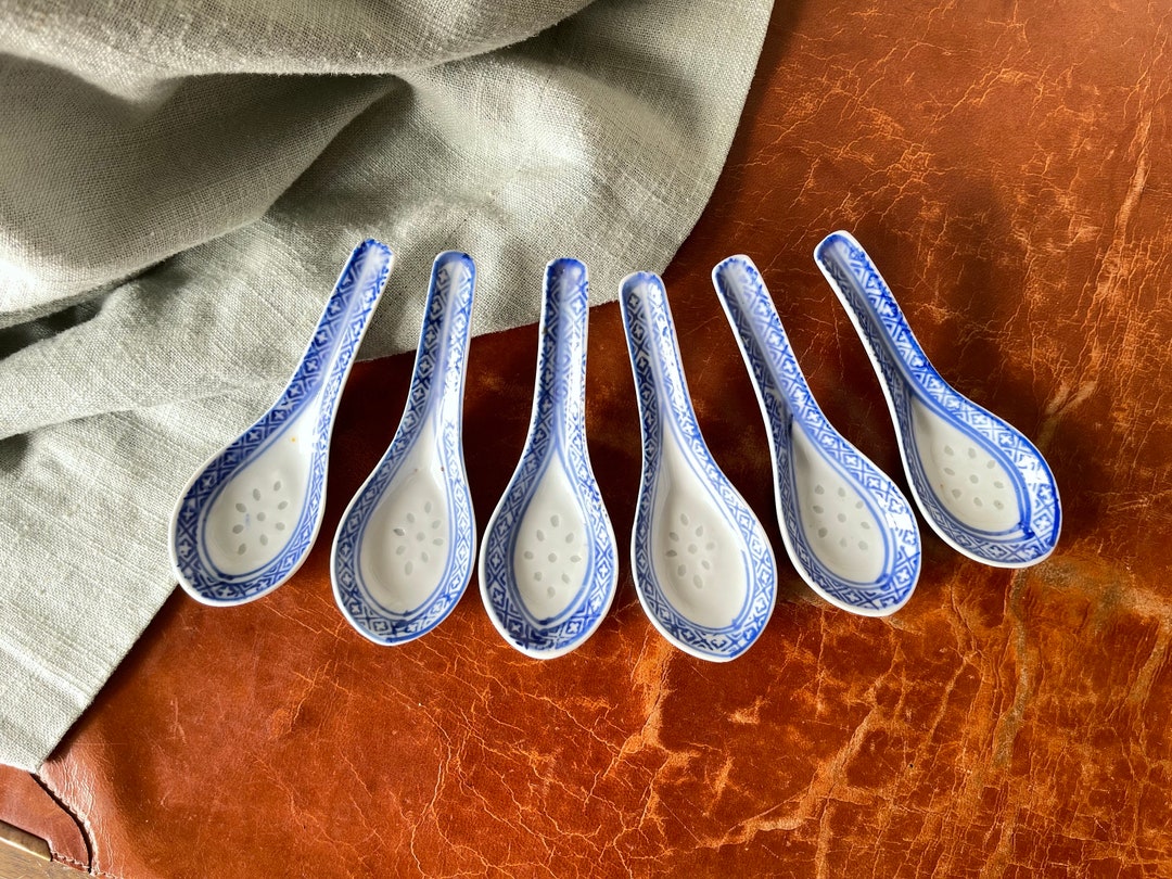 Vintage Chinese Rice Grain Pattern Porcelain Spoons Set of 6 Blue and ...