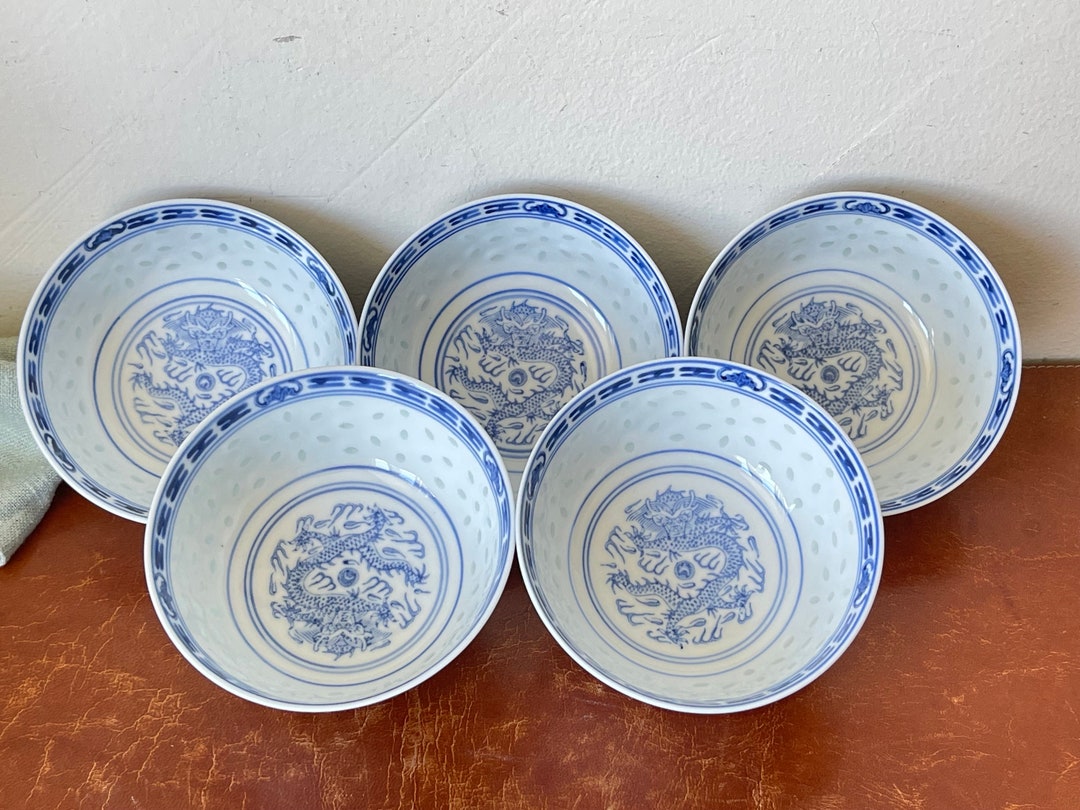 Chinese Imperial Dragon Rice Grain Pattern Bowls Set of 5 Blue and ...