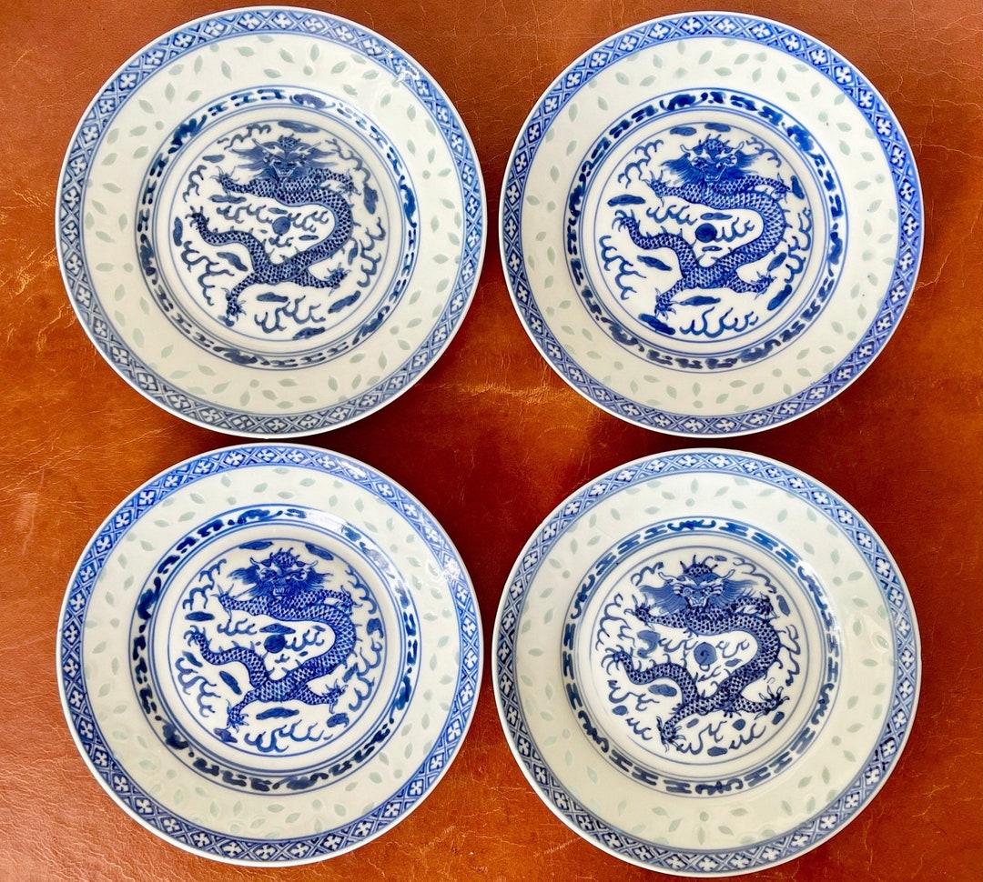 Antique Chinese Imperial 5 Claw Dragon Rice Grain Pattern Plates Set of ...