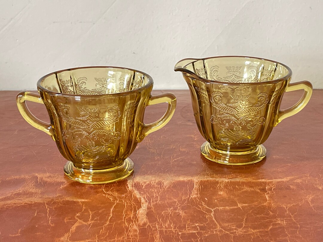 Vintage Madrid Pattern Sugar Bowl and Creamer Set Topaz Indiana Glass ...