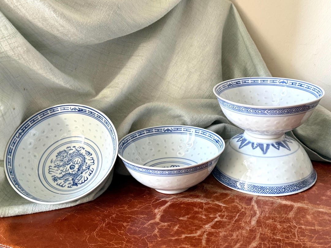 Vintage Chinese Rice Grain Pattern Bowls Set of 4 Five Claw Dragon and ...