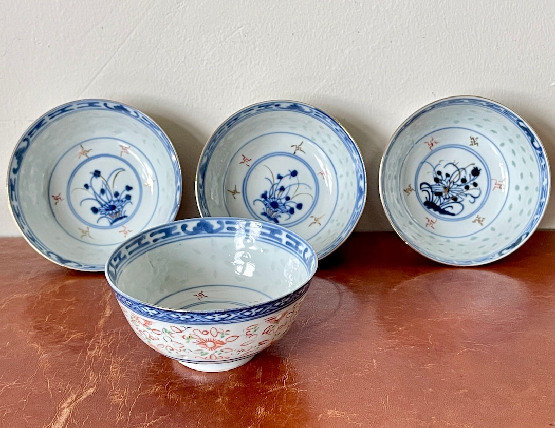 Antique Chinese Porcelain Rice Grain Pattern Bowls Set of 4 Wanyu Mark ...