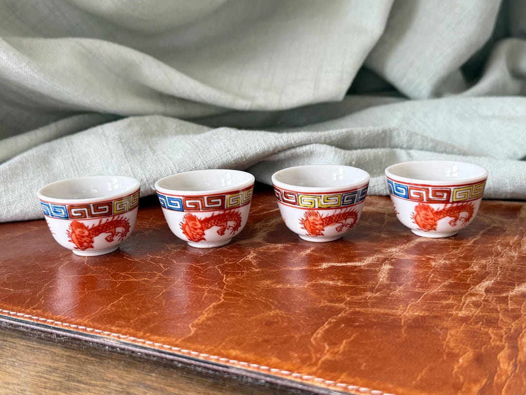 Chinese Dragon and Phoenix Porcelain Sake Cups Set of 4 Restaurant Ware ...