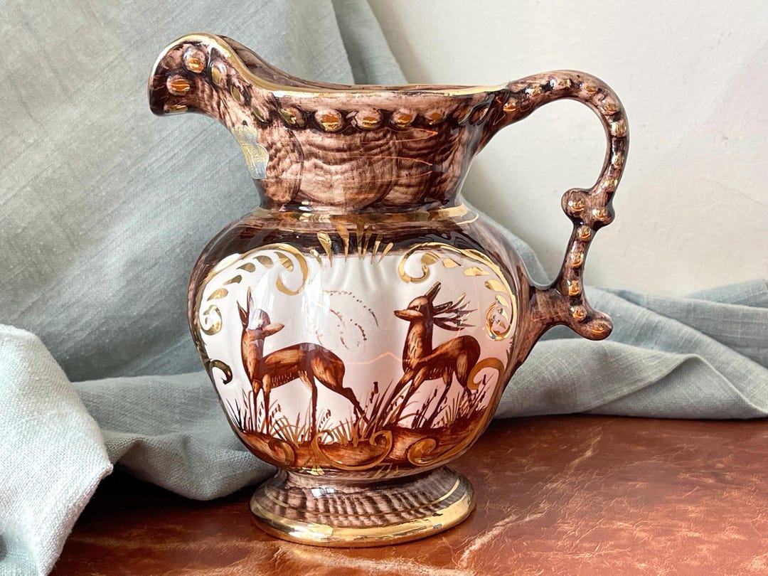 Vintage Hubert Bequet Belgium Faiance Pitcher With Hand Painted Stag ...